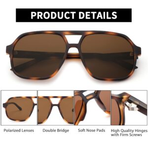 GLINDAR Polarized Aviator Sunglasses for Men Women, Retro Oversized Square Shades, Tortoise/Brown