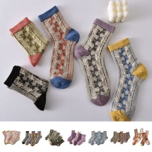 Oaiyeie 5 Pairs Womens Floral Cotton Socks,Floral Retro Style Novelty Cotton Socks,Winter Thickened Warm Women Vintage Socks (B)