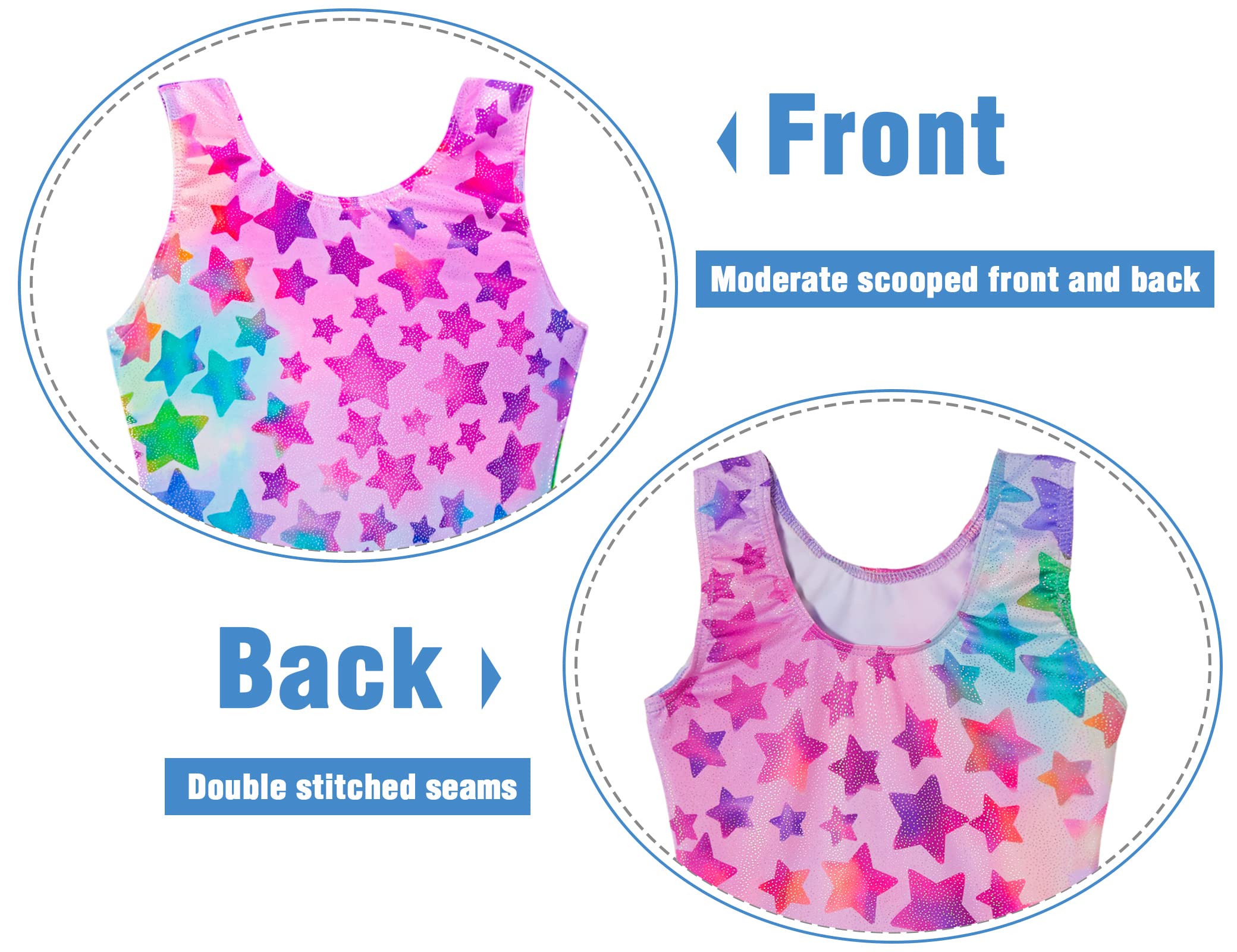 TENVDA 3 Pack Girls Leotards for Gymnastics Size 8 9 Years Old Sparkly Hot Pink Rainbow Star Tumbling Biketard with Shorts Unitard for Little Kids