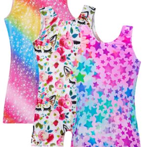 TENVDA 3 Pack Girls Leotards for Gymnastics Size 8 9 Years Old Sparkly Hot Pink Rainbow Star Tumbling Biketard with Shorts Unitard for Little Kids