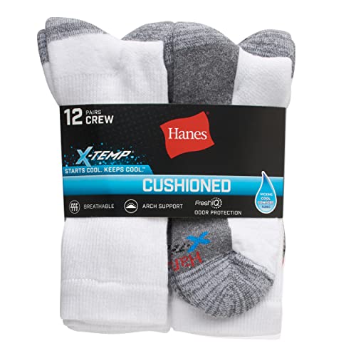 Hanes Men's, X-Temp Cushioned Crew Socks, 12-Pack, White-12 Pack, 6-12