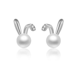 sluynz cute cz pearl rabbit studs earrings for women girls sterling silver bunny studs earrings animal earring jewelry birthday friendship gift adult earrings(a-silver)