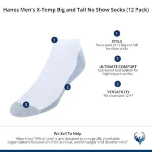 Hanes Men's, X-Temp Cushioned No Show Socks, 12-Pack, White, 12-14