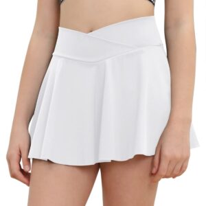 rrhss Gilrs Pleated Tennis Skirt with Pockets Kids V Crossover High Waisted Golf Skorts with Lining Shorts White