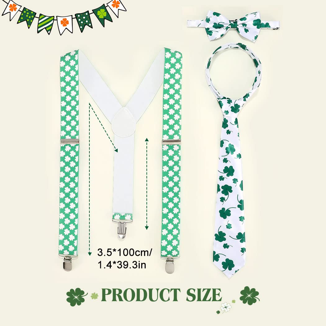 Eyret Green Shamrock Suspender Set St Patricks Day Adjustable Suspenders and Bowtie Irish Clover Necktie Suspenders for Men and Women