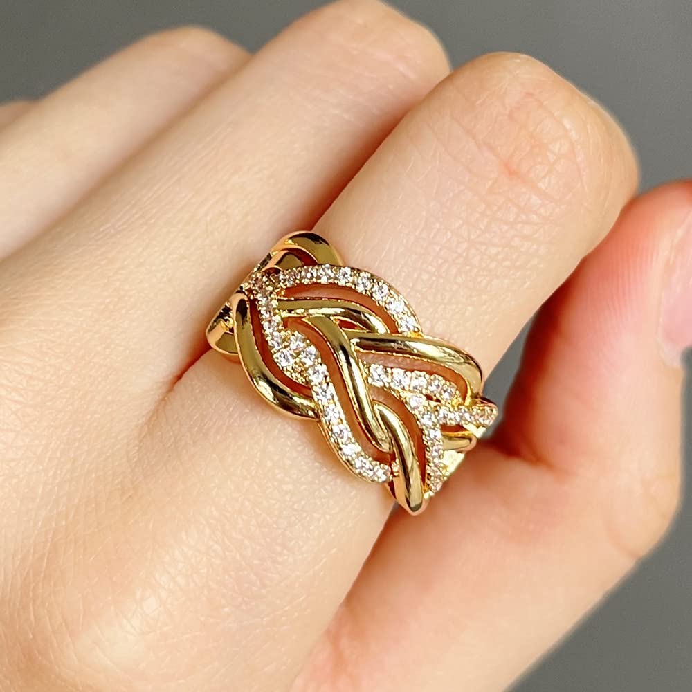 DCFSHEE Fashion Celtic Knot Rings, Line WideTwisted Knot Ring 18k Yellow Gold Plated Half Infinity Band Statement Rings (US size 8)