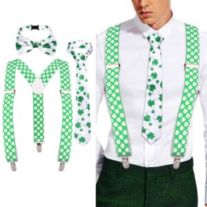 eyret green shamrock suspender set st patricks day adjustable suspenders and bowtie irish clover necktie suspenders for men and women