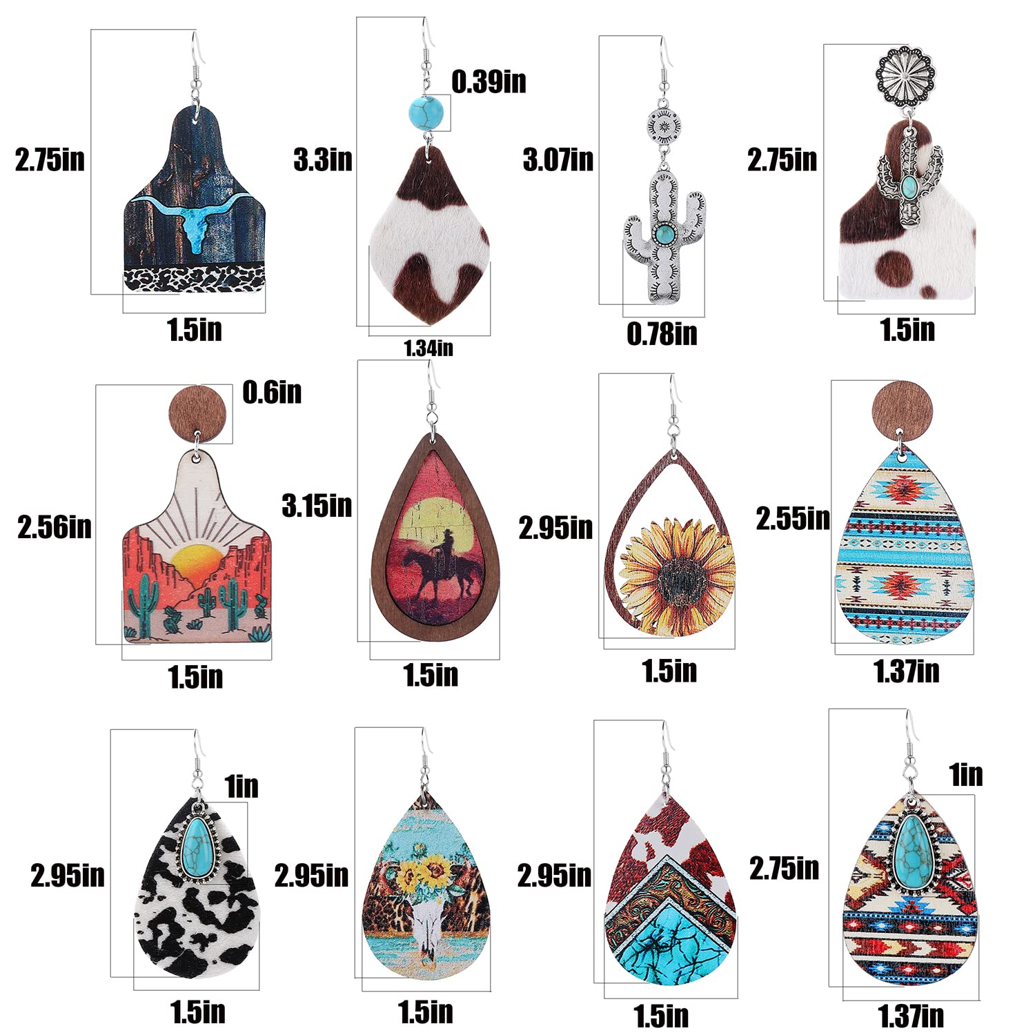 12 Pairs Western Earrings Set for Women Boho Cowgirl Vintage Turquoise Print Leather Wood Teardrop Dangle Bohemian Cowboy Earring Jewelry