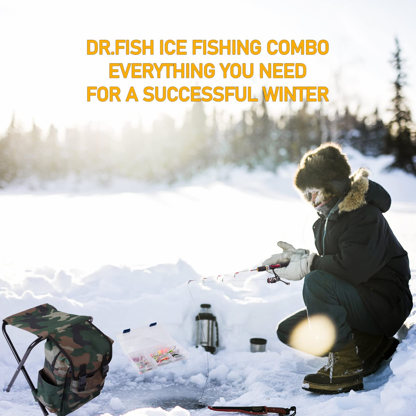 Dr.Fish Ice Fishing Rod and Reel Combo with 2 Ice Spinning Reels Ice Fishing Gears Equipment Ice Fishing Pole Ice Jig Lures