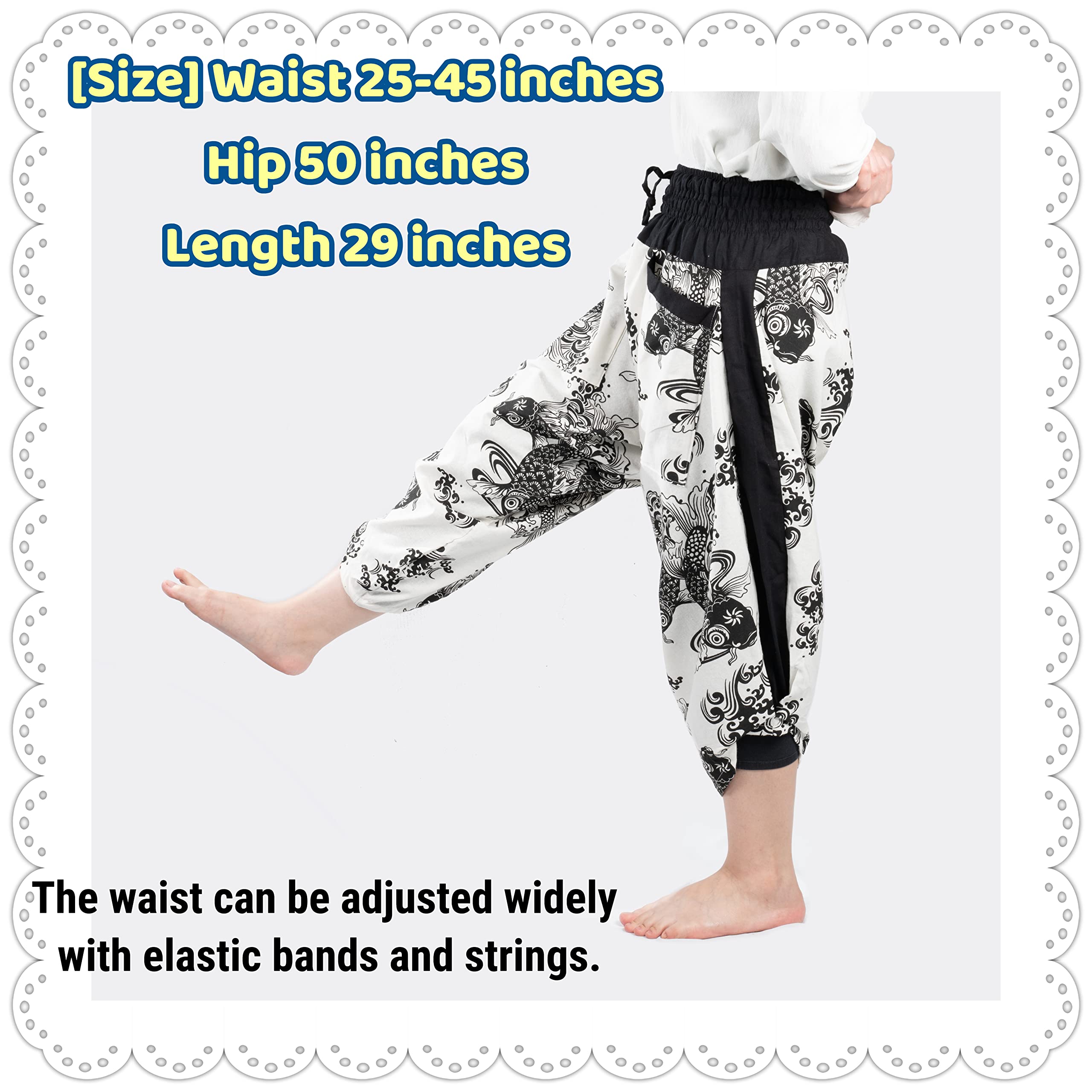 Kurop Saruel Pants Carp Pattern Japanese Pattern Wide Pants Thai Pants Aladdin Pants Dancewear Yoga Gaucho Men's Women's (Carp D)