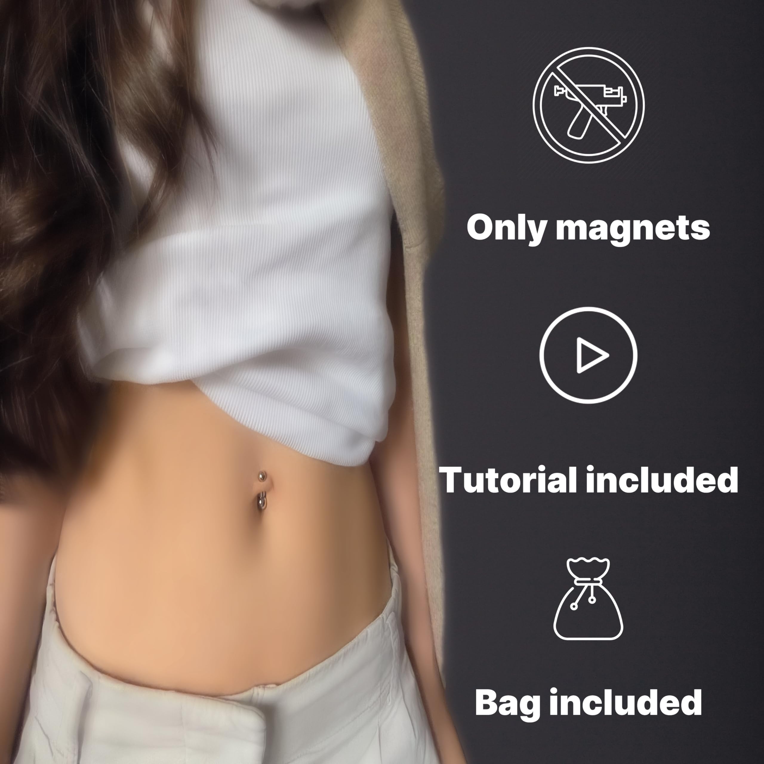 M&P Fake Belly Button Piercing - Magnetic Navel Ring - Without Piercing - Non Pierced - Clip on - Surgical Steel (Gravity)