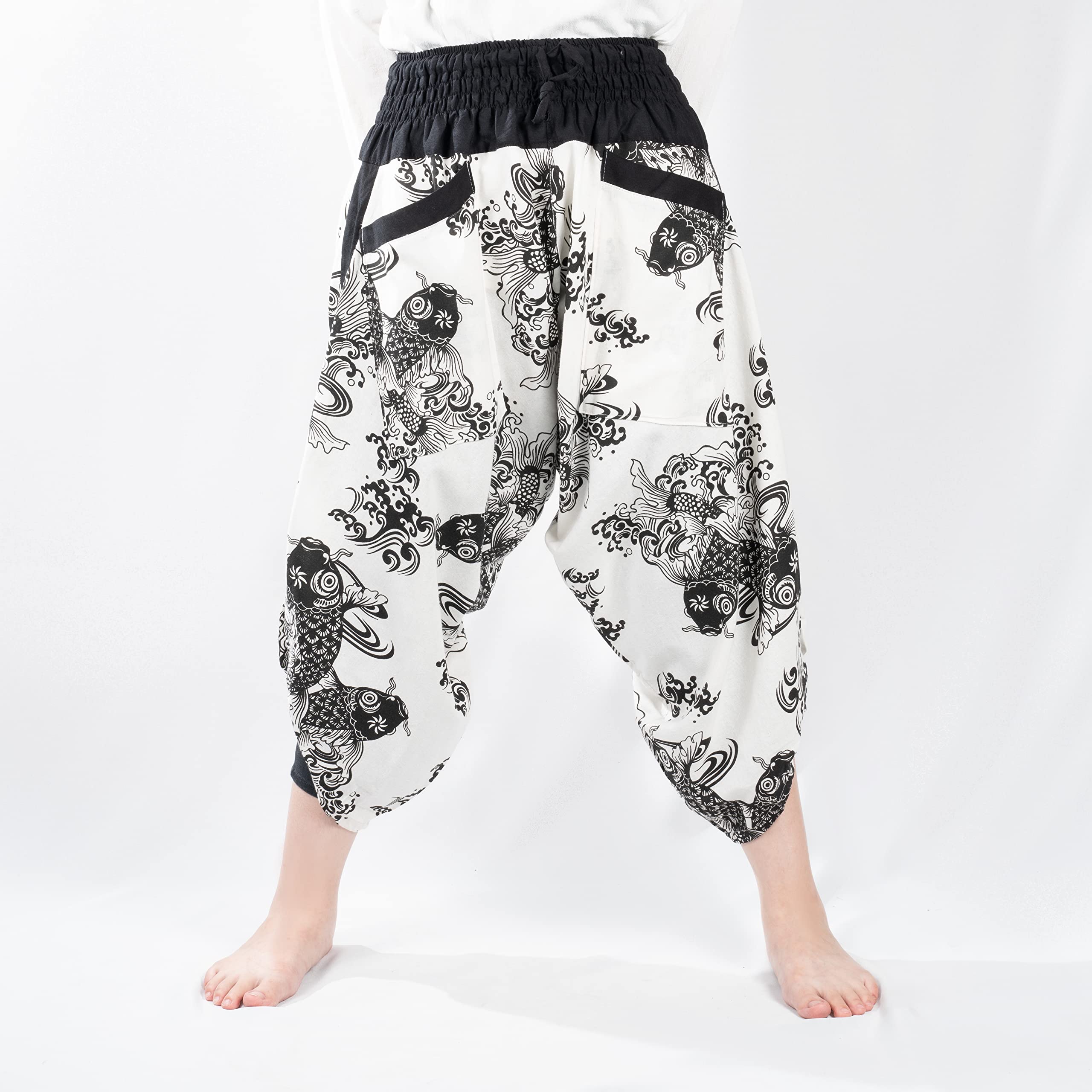 Kurop Saruel Pants Carp Pattern Japanese Pattern Wide Pants Thai Pants Aladdin Pants Dancewear Yoga Gaucho Men's Women's (Carp D)