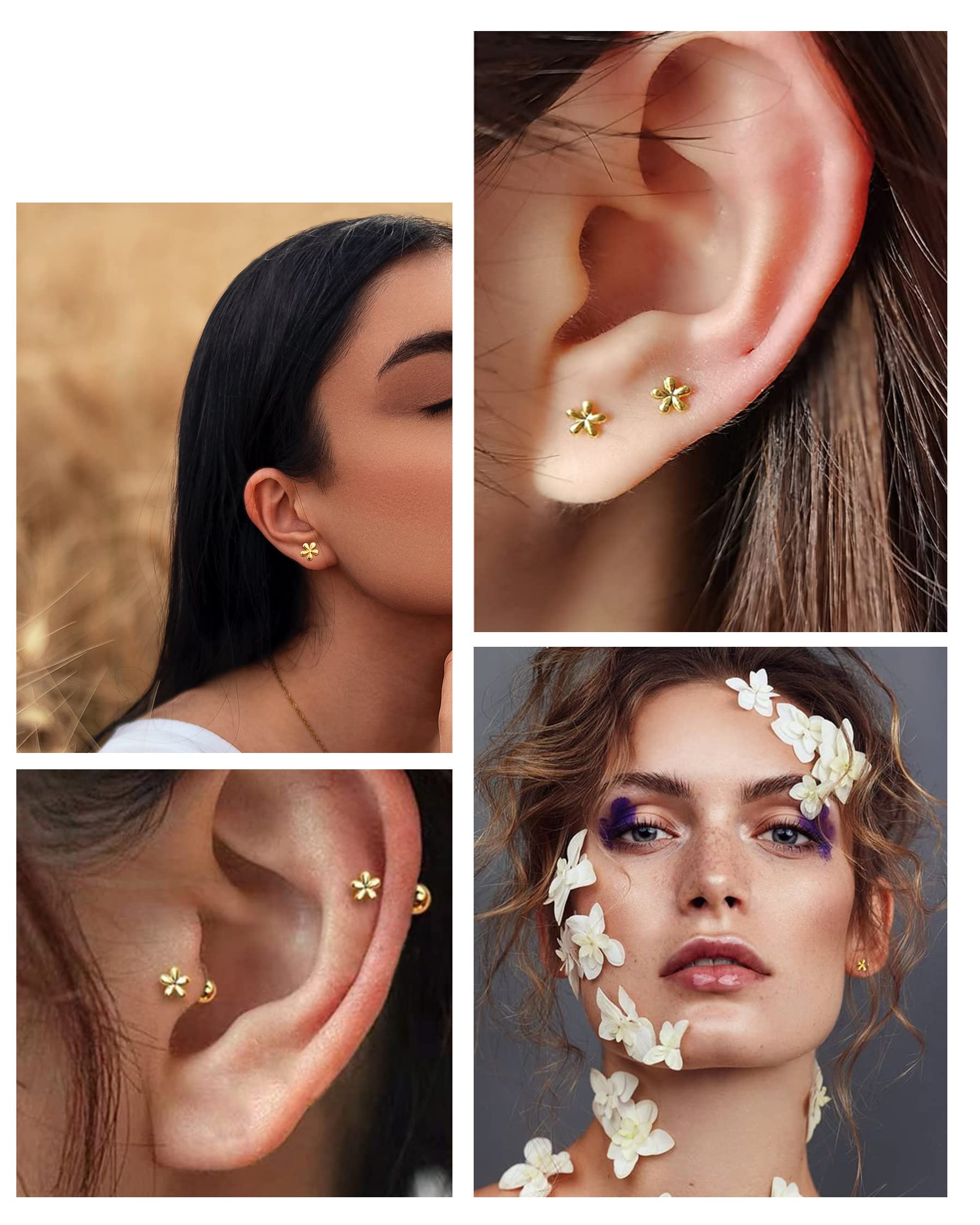 Jewseen 14K Solid Gold Cartilage Earring 16g Helix Earring Flower Cartilage Stud Tragus Piercing Jewelry for Women Conch Earring Stud Earrings Body Piercing Jewelry