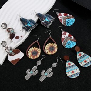 12 Pairs Western Earrings Set for Women Boho Cowgirl Vintage Turquoise Print Leather Wood Teardrop Dangle Bohemian Cowboy Earring Jewelry