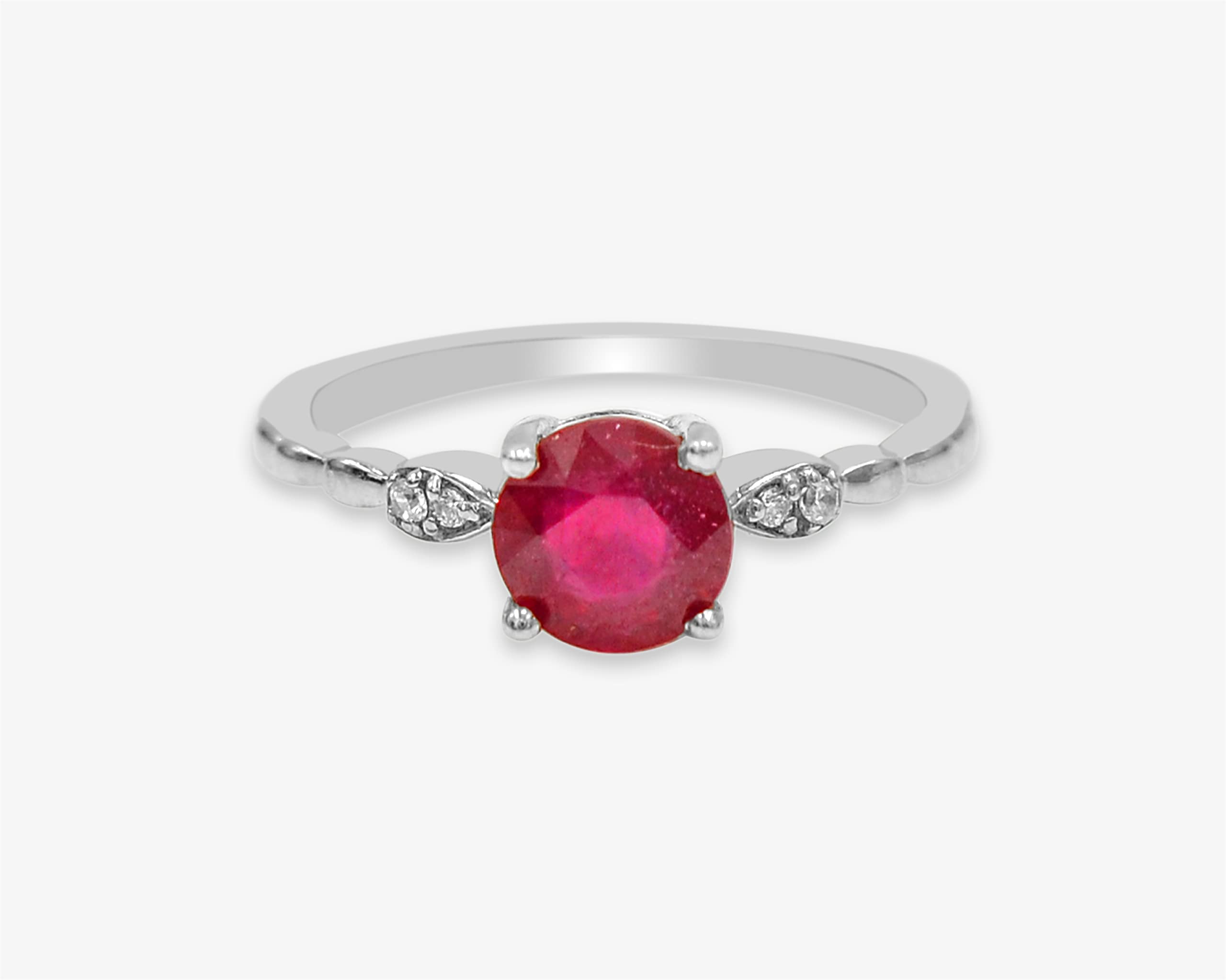 925 Sterling Silver Natural 7 MM Round Ruby Gemstone Ring July Birthstone Ruby Jewelry Solitary Proposal Ring Engagement Gift (RG-8016) (Sterling Silver, 7.5 US)