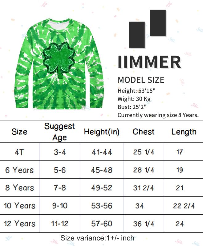 IIMMER Little Boys Girls Fahion St Patty Day Tie Dye Irish Shamrock Long Sleeve Shirt 7-8 Years