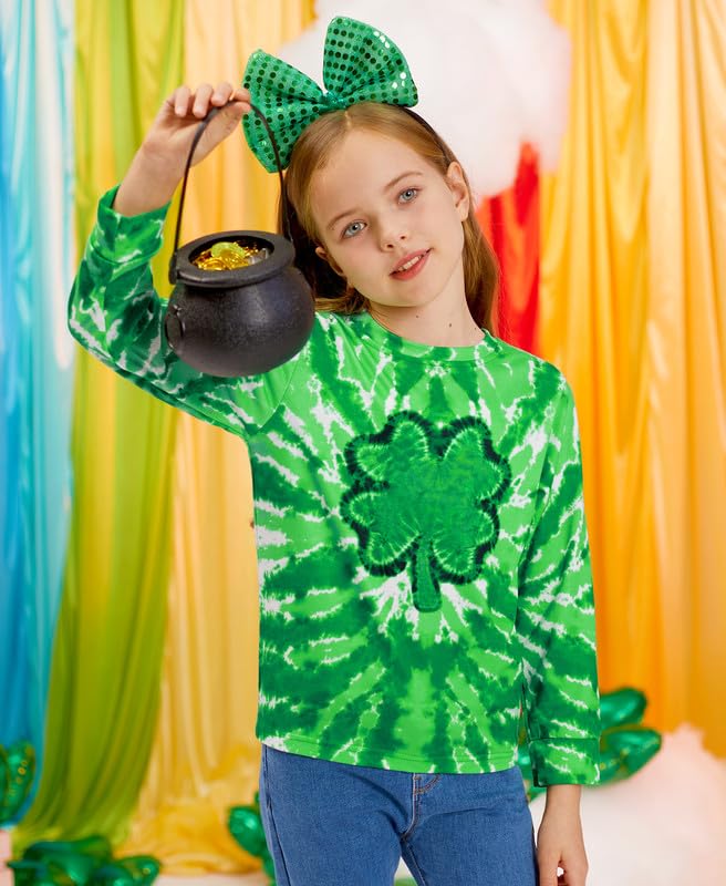 IIMMER Little Boys Girls Fahion St Patty Day Tie Dye Irish Shamrock Long Sleeve Shirt 7-8 Years