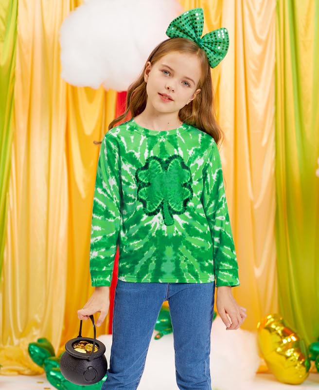 IIMMER Little Boys Girls Fahion St Patty Day Tie Dye Irish Shamrock Long Sleeve Shirt 7-8 Years