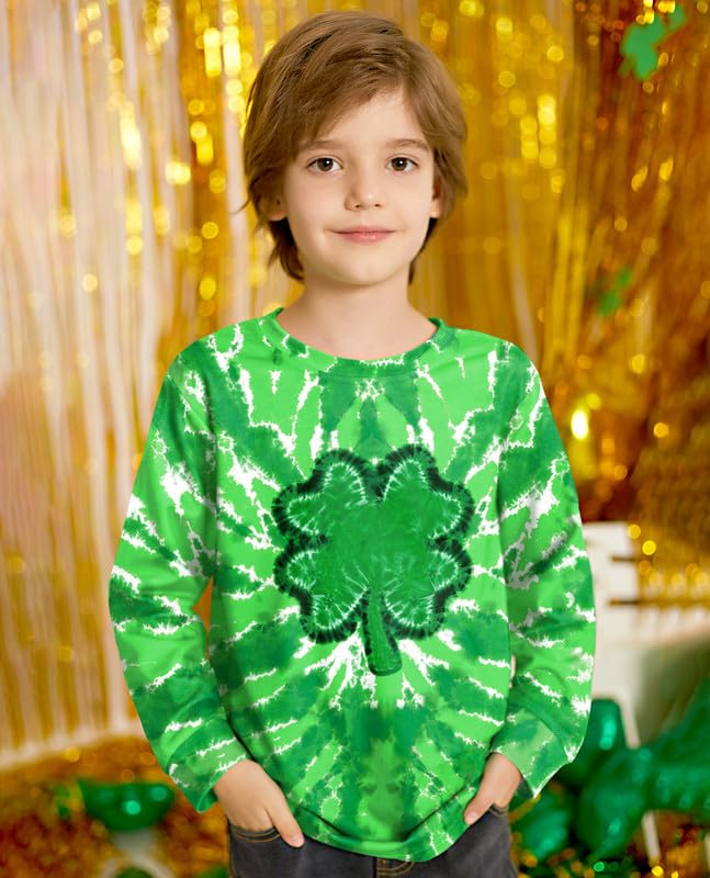 IIMMER Little Boys Girls Fahion St Patty Day Tie Dye Irish Shamrock Long Sleeve Shirt 7-8 Years