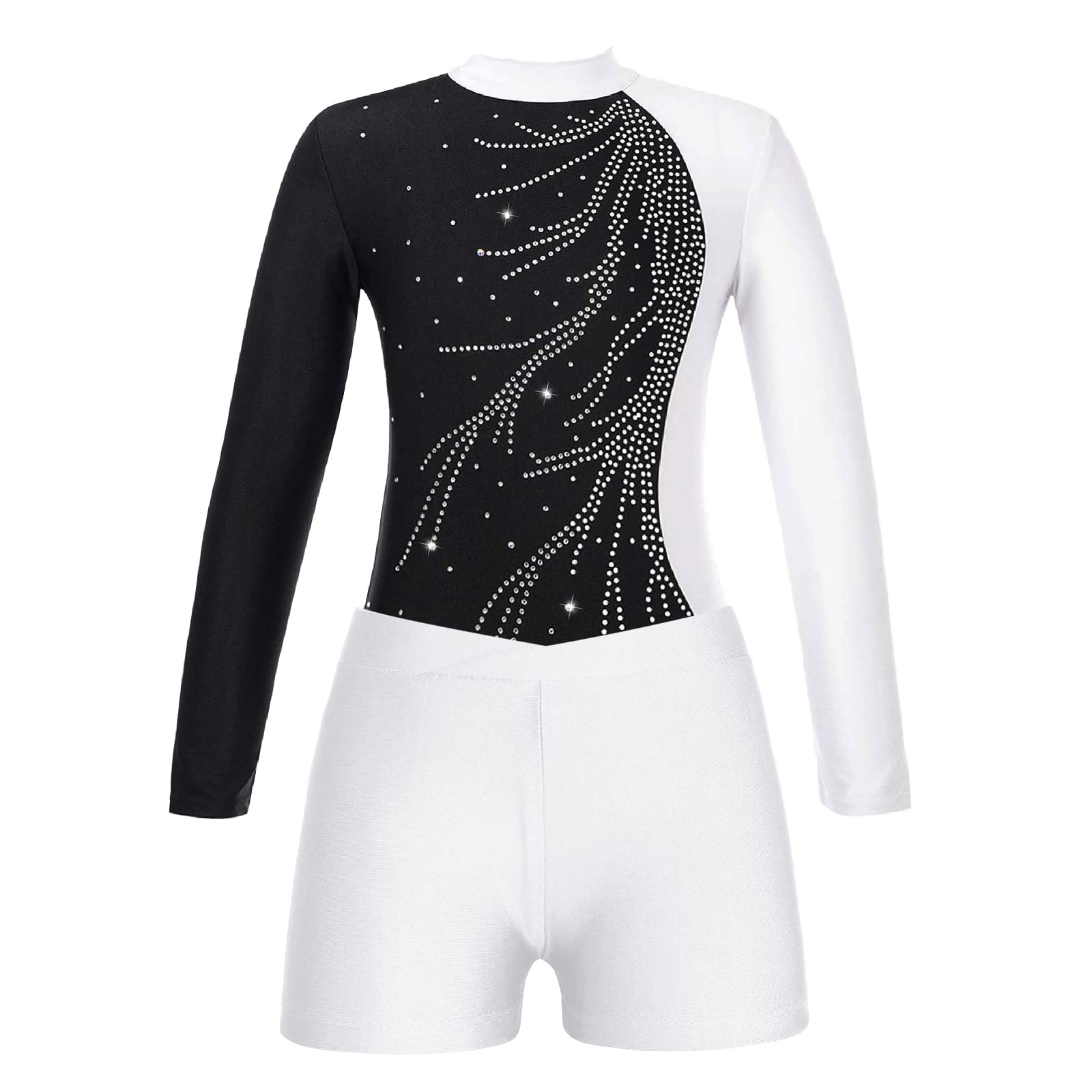 Linjinx Kids Girls Long Sleeve Gymnastics Leotards with Dance Shorts Sets Rhinestone Ballet Dance Biketards Tracksuit White B 8 Years