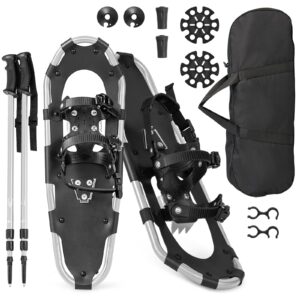 gymax snow shoes, 21/25/30 inch 3 in 1 snowshoes trekking poles bundle for men & women, lightweight aluminum all terrain snowshoes set with fully adjustable binding & carry bag (21", silver)