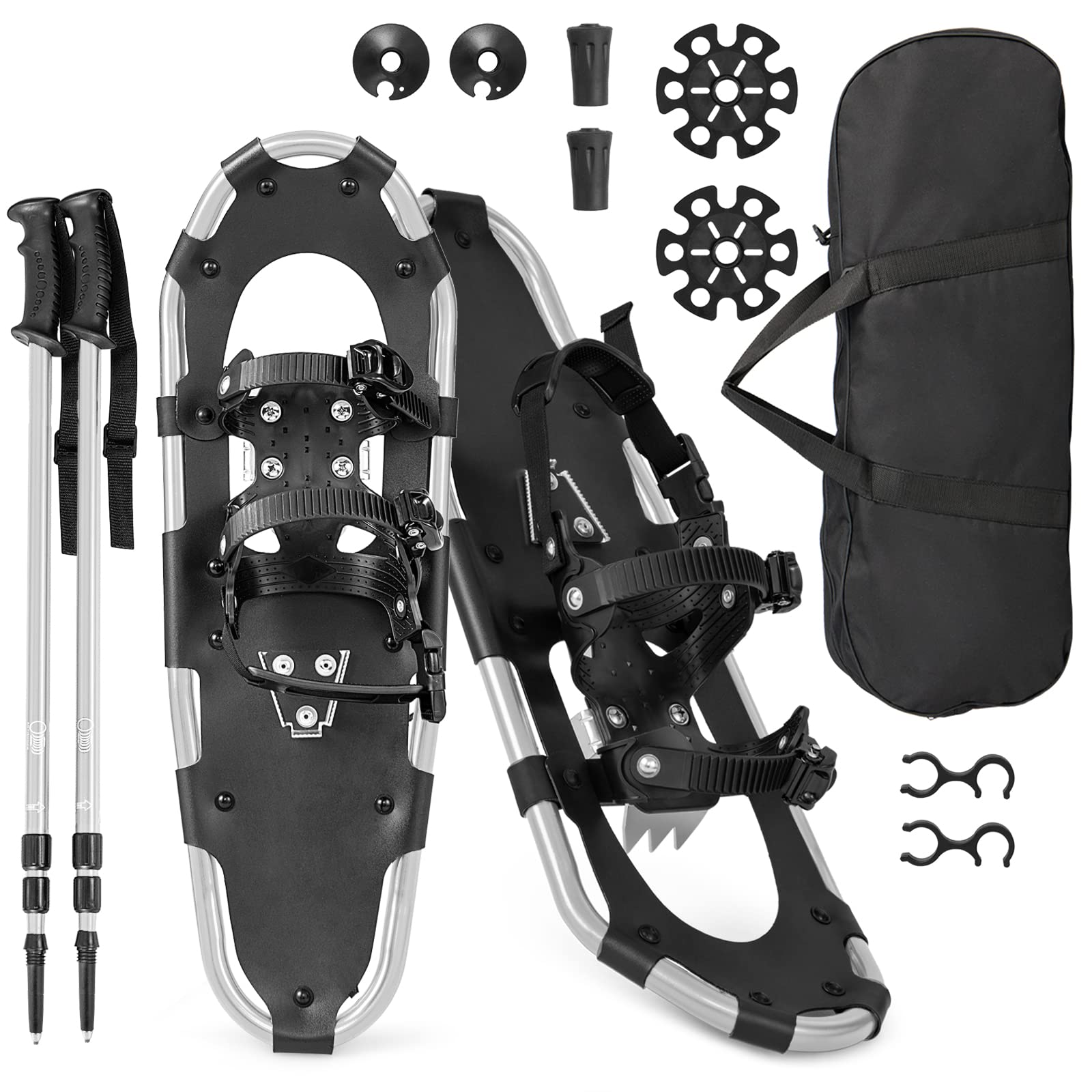 GYMAX Snow Shoes, 21/25/30 inch 3 in 1 Snowshoes Trekking Poles Bundle for Men & Women, Lightweight Aluminum All Terrain Snowshoes Set with Fully Adjustable Binding & Carry Bag (21", Silver)