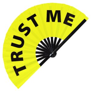 trust me hand fan foldable bamboo circuit hand fan funny gag slang words expressions statement gifts festival accessories rave handheld circuit event fan clack fans (yellow)