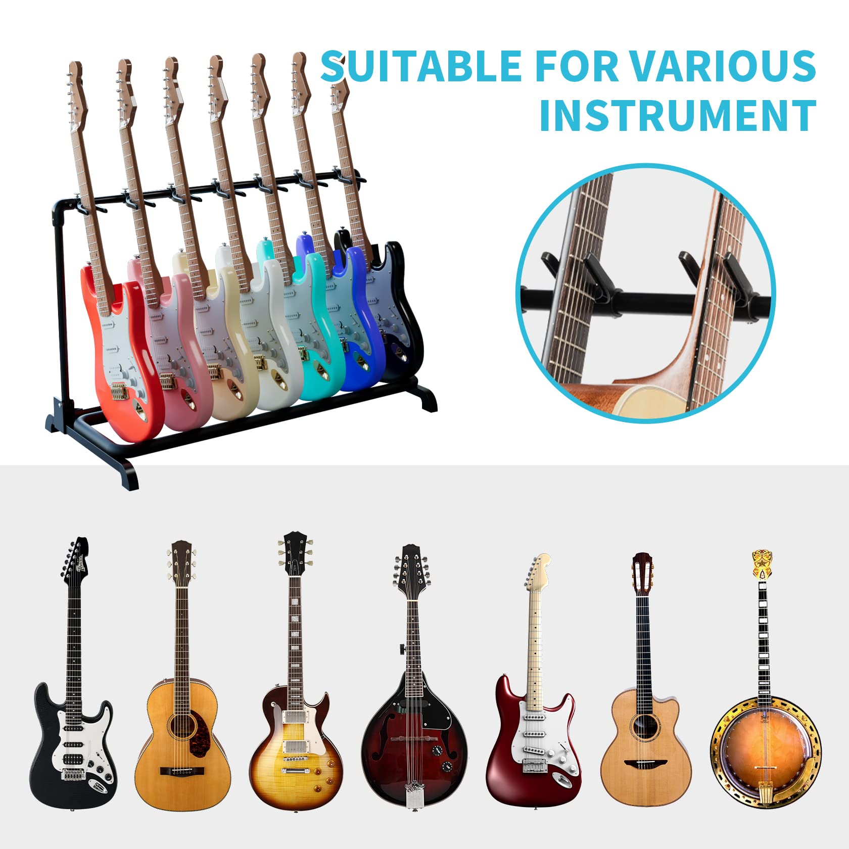 GUITTO Multi Guitar Rack Stand Foldable Universal Display Rack Portable Guitar Holder for Band Stage Bass Acoustic Guitar -7 Holder GGS-11