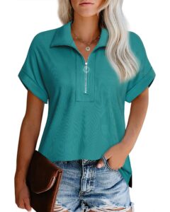 vivilli dressy tops for women summer blouses for women 2024 collared shirt for women short sleeve shirts womens fashion blouses tops v neck drop shoulder polo tee shirts for work office dark green l