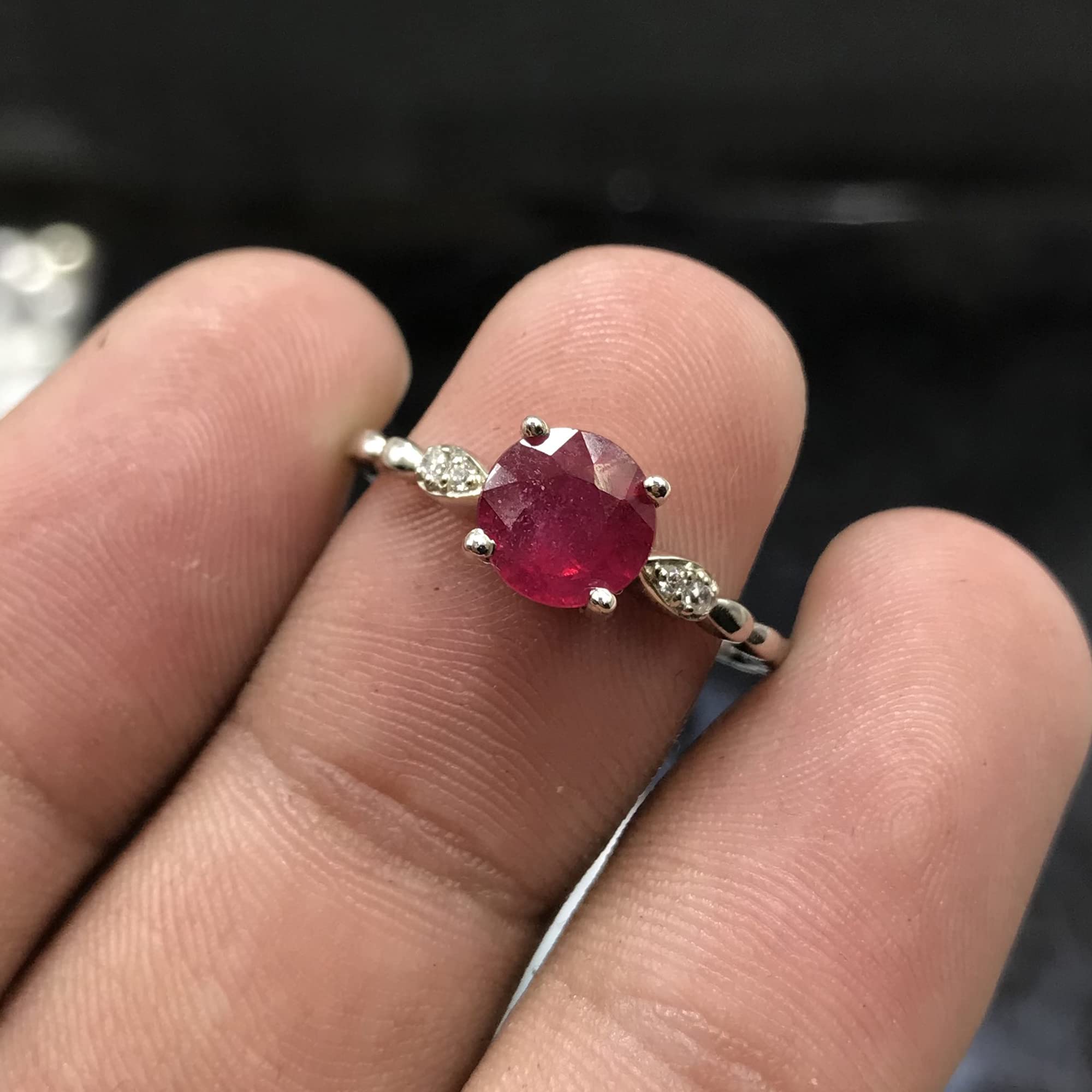 925 Sterling Silver Natural 7 MM Round Ruby Gemstone Ring July Birthstone Ruby Jewelry Solitary Proposal Ring Engagement Gift (RG-8016) (Sterling Silver, 7.5 US)