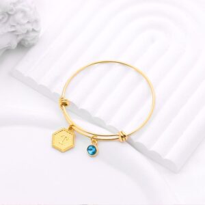 Suonie 18K Gold Plated Bangles,26 Letters Initial Hexagon Pendant Adjustable Bangles,Women Charm Bracelet Bangles,Blue Rhinestone Bracelet for Girls Teenage Birthday Christmas Gifts (T)