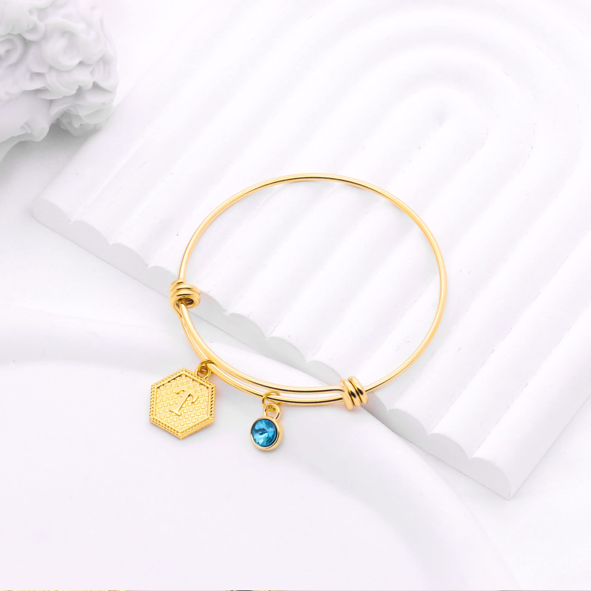 Suonie 18K Gold Plated Bangles,26 Letters Initial Hexagon Pendant Adjustable Bangles,Women Charm Bracelet Bangles,Blue Rhinestone Bracelet for Girls Teenage Birthday Christmas Gifts (T)