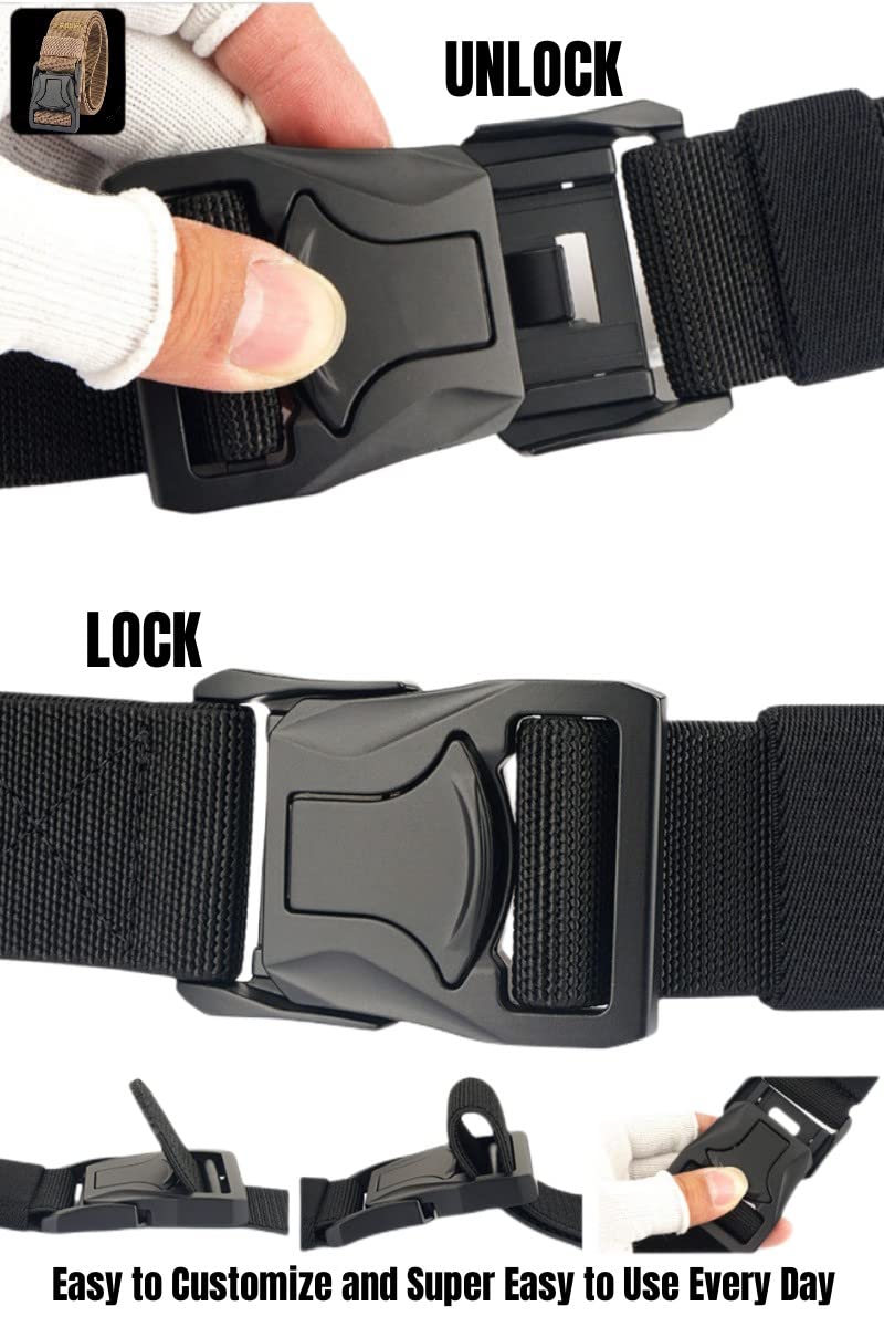 2 Pack-Metal Buckle Quick Release Outdoor Tactical Belt for Men Stretch Nylon Web Belt for Hunting Camping (BLACK+GREY)