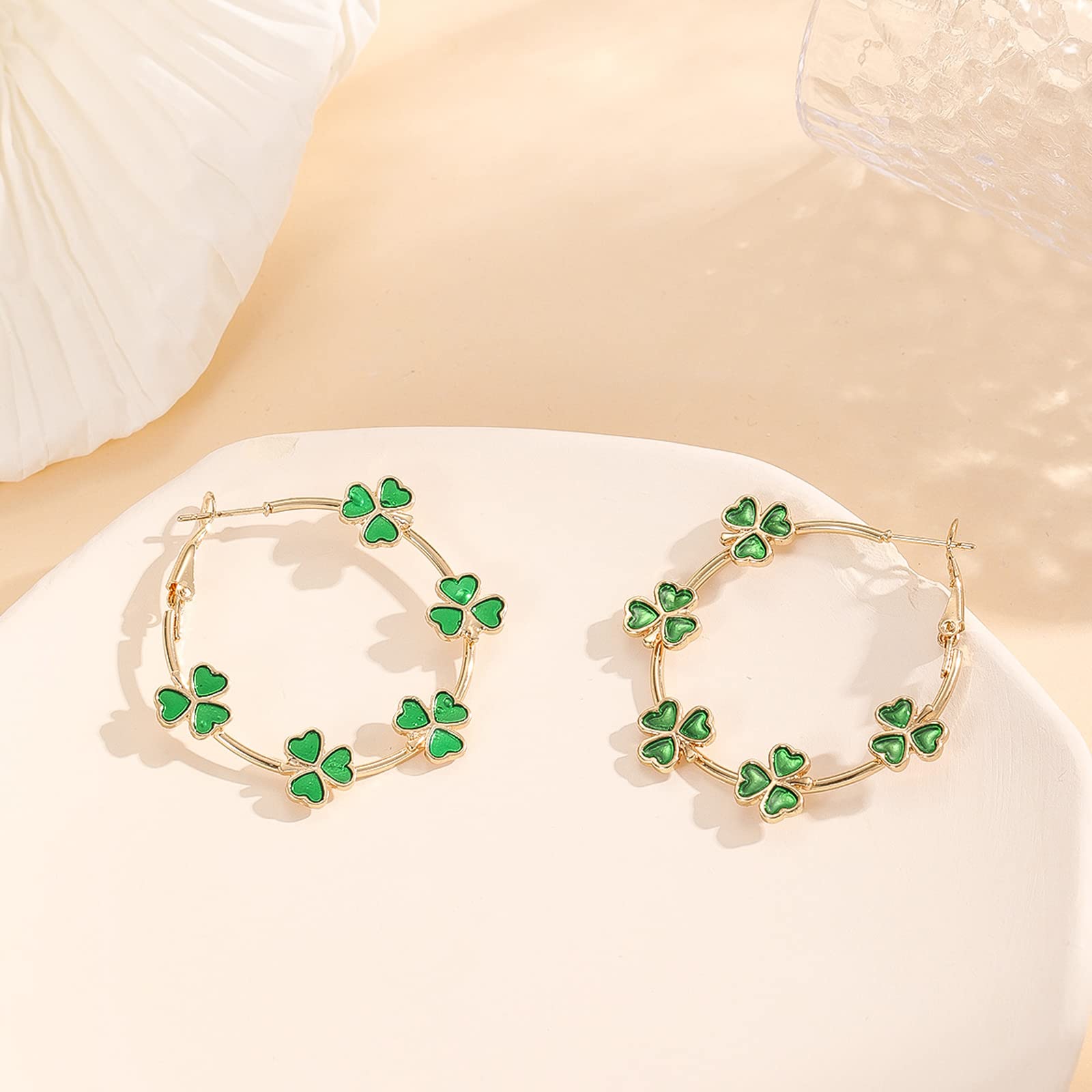 St. Patrick's Day Earrings Shamrock Hoop Earrings Lucky Clover Earrings Green Leaf Earrings Gold Hoops Earrings for Women Holiday Earrings Funny Irish Holiday Jewelry Gift for Women (Style A)