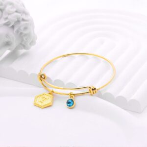 Suonie 18K Gold Plated Bangles,26 Letters Initial Hexagon Pendant Adjustable Bangles,Women Charm Bracelet Bangles,Blue Rhinestone Bracelet for Girls Teenage Birthday Christmas Gifts (T)