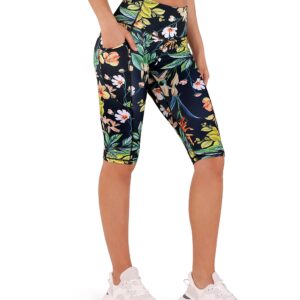 ODODOS Women's Knee Length High Waisted Yoga Capris with Pockets, Pattern Workout Athletic Running Capri Leggings, Tropical Flower, Medium