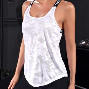 SweatyRocks Women's Activewear Letter Print Criss Cross Backless Tank Top Workout Out Sports Shirt White L