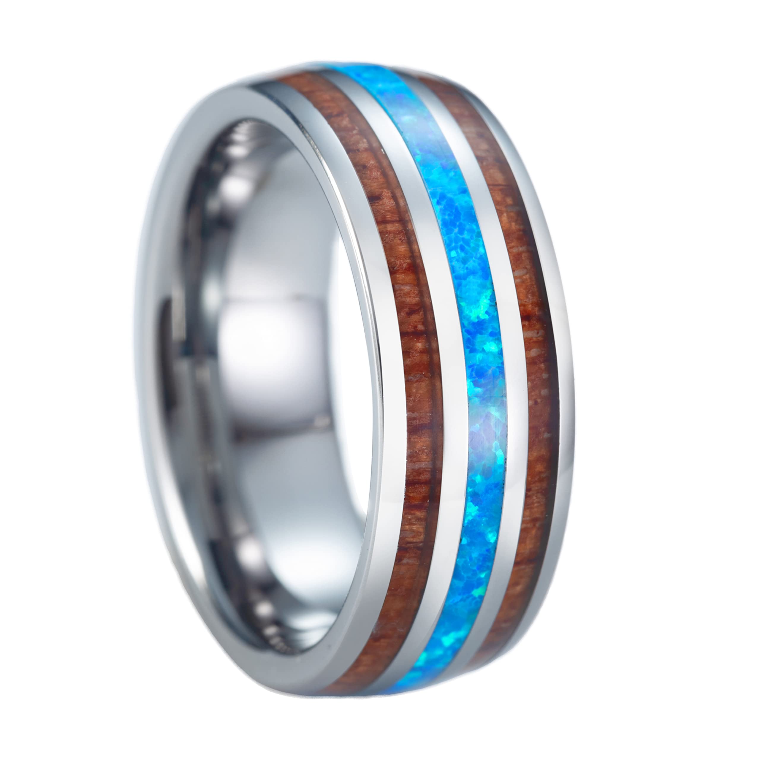 Aloha Jewelry Company 8mm Opal Tungsten Carbide Hawaiian Koa Tree Wood with Created Comfort Fit Ring Engagement Wedding Band Dome Style Weighted High Polished Finish with Gift box (Blue Opal, 8.5)