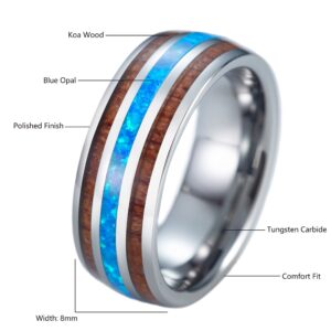 Aloha Jewelry Company 8mm Opal Tungsten Carbide Hawaiian Koa Tree Wood with Created Comfort Fit Ring Engagement Wedding Band Dome Style Weighted High Polished Finish with Gift box (Blue Opal, 8.5)