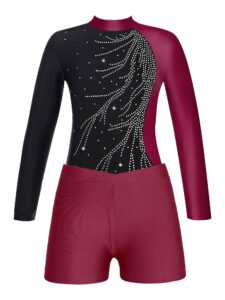 feeshow girls 2pcs glitter long sleeve leotards with shorts outfits athletic unitards gymnastics dancewear clothes red_a 14 years