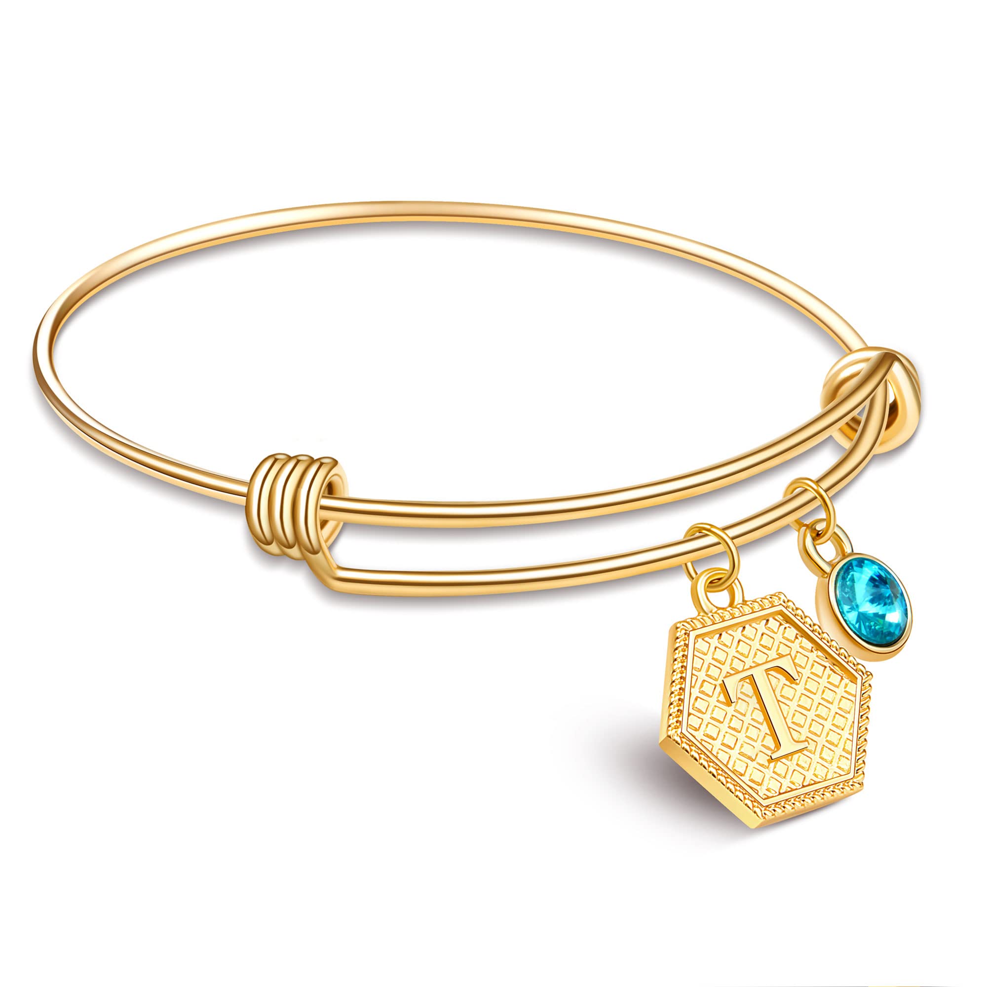 Suonie 18K Gold Plated Bangles,26 Letters Initial Hexagon Pendant Adjustable Bangles,Women Charm Bracelet Bangles,Blue Rhinestone Bracelet for Girls Teenage Birthday Christmas Gifts (T)