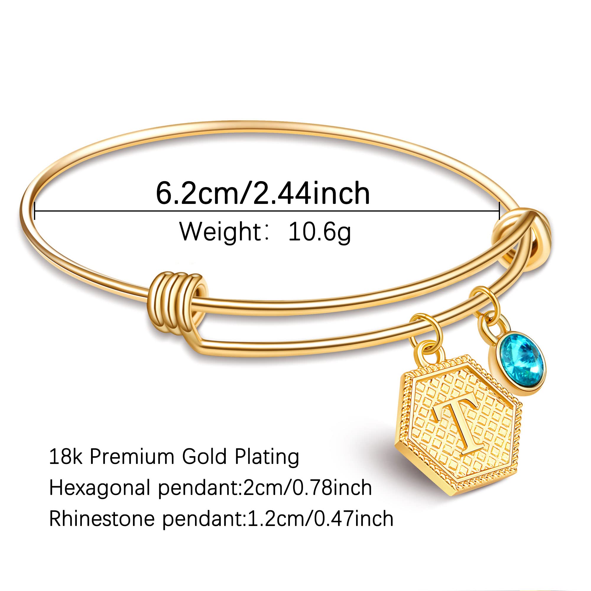 Suonie 18K Gold Plated Bangles,26 Letters Initial Hexagon Pendant Adjustable Bangles,Women Charm Bracelet Bangles,Blue Rhinestone Bracelet for Girls Teenage Birthday Christmas Gifts (T)