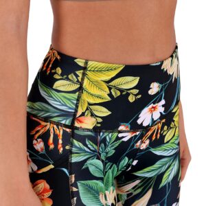 ODODOS Women's Knee Length High Waisted Yoga Capris with Pockets, Pattern Workout Athletic Running Capri Leggings, Tropical Flower, Medium