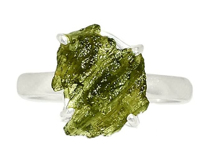 Natural Moldavite Rough Ring 925 Sterling Silver Handmade Jewelry With Certified Gemstone From Czech Republic By CrownJewelry (7.5)