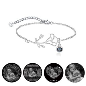 sliacete birth flower projection bracelet personalized photo 925 sterling silver custom picture 100 languages jewelry memorial gifts for women wife mom