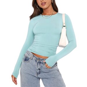 women slim workout shirt top long sleeve crewneck skinny athletic top solid yoga basic crop tee tops (solid light blue,small)