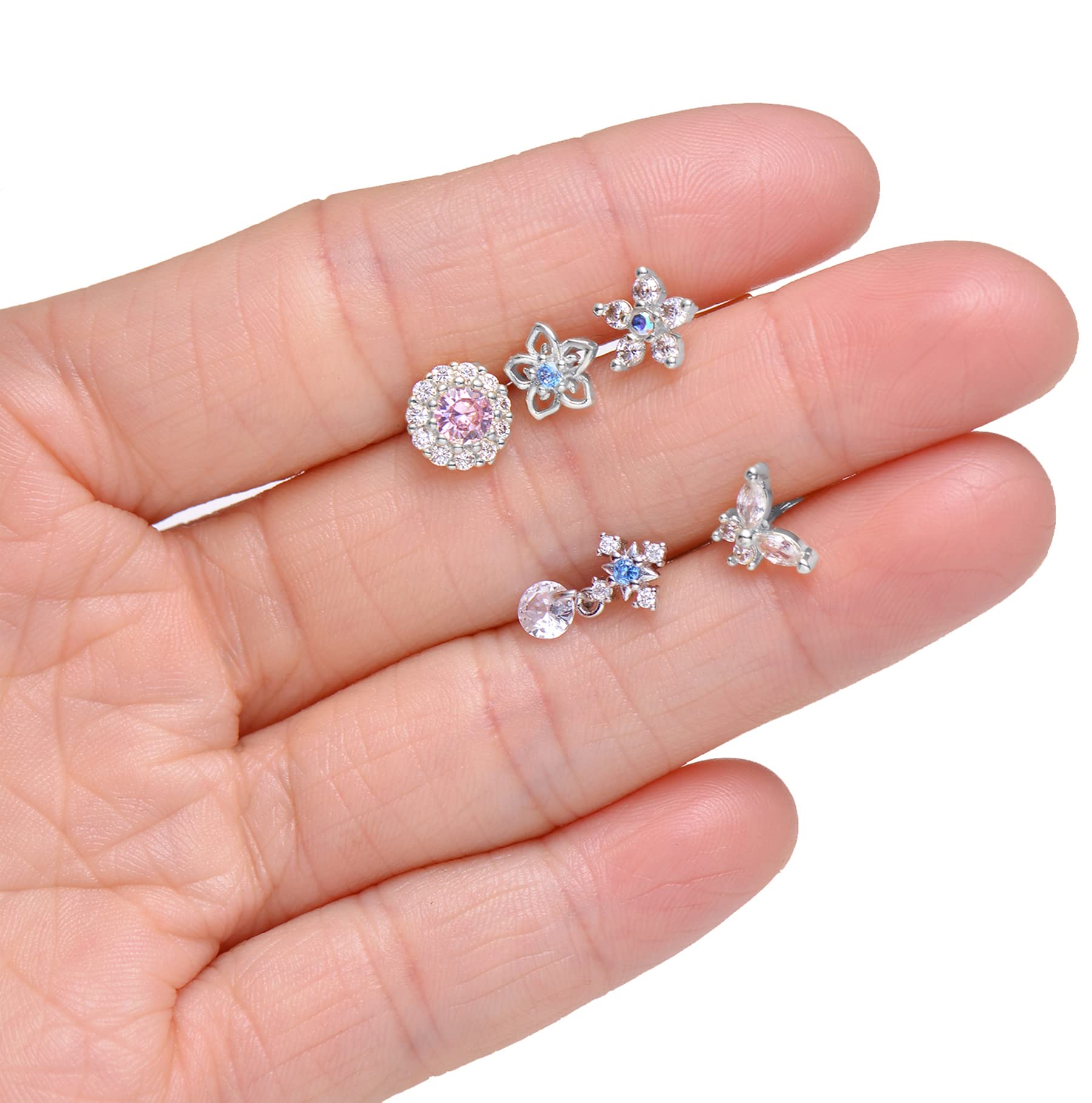 Tornito 16Pcs Dangle Nose Rings Stud L Shaped Cubic Zirconia Butterfly Heart Star Moon Flower Crown Assorted Shape Stainless Steel Nostril Piercing Jewelry for Women Men 20G Silver Tone