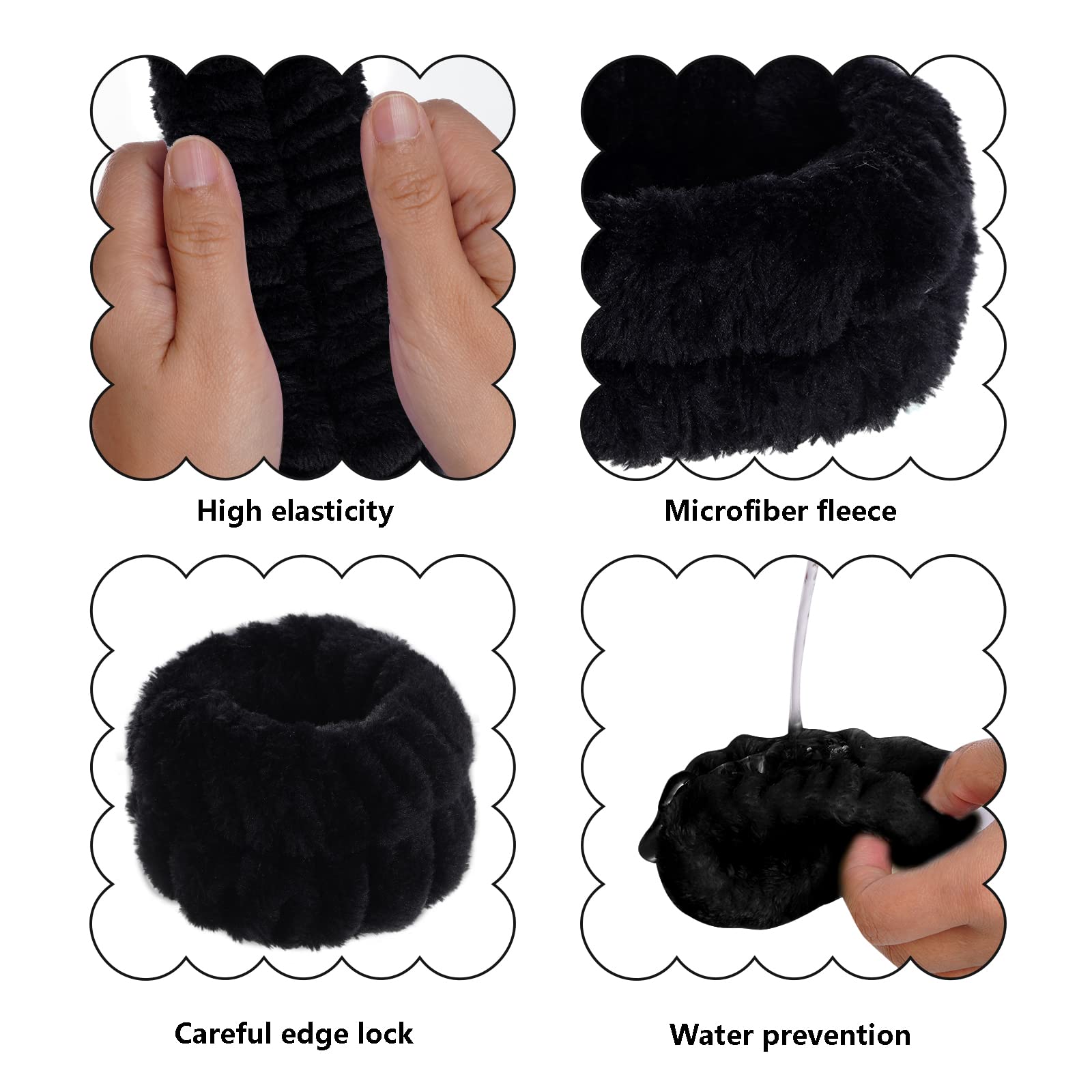 mifengda 3pcs Women's Microfiber Headbands & Wrist Washbands for Spa, Facial, Face Washing, Shower, Makeup, and Bath (Black)