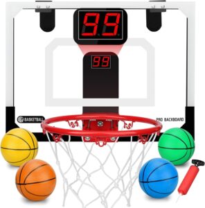 pro indoor mini basketball hoop set for kids adults, wall mount automatic scoring basketball hoop with 4 rubber 6" balls, over the door basketball hoops with electronic scoreboard large dunk rim