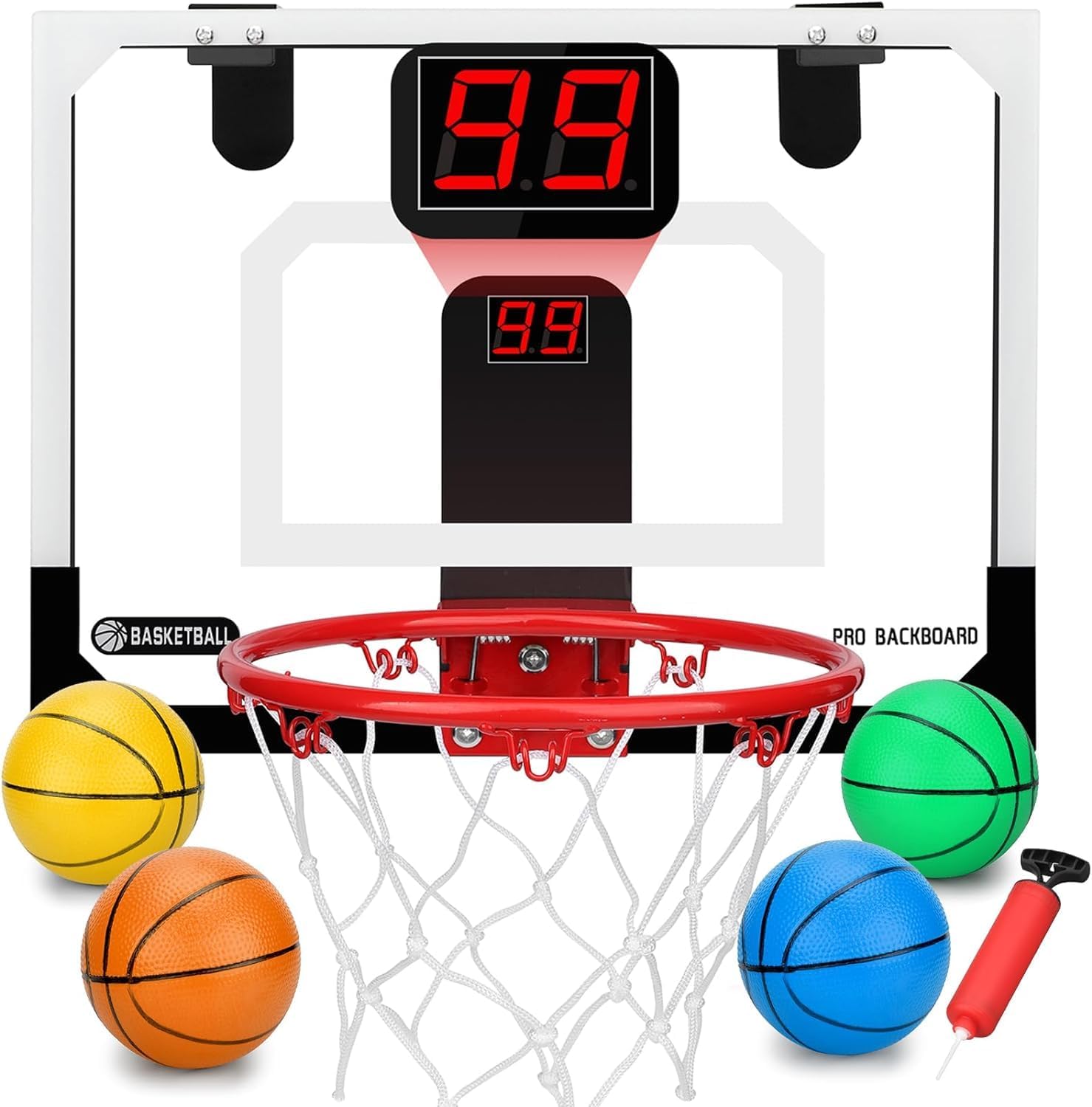 Pro Indoor Mini Basketball Hoop Set for Kids Adults, Wall Mount Automatic Scoring Basketball Hoop with 4 Rubber 6" Balls, Over The Door Basketball Hoops with Electronic Scoreboard Large Dunk Rim